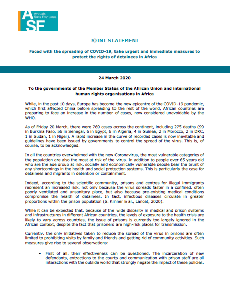 Joint statement – The spread of COVID-19 requires urgent and immediate ...